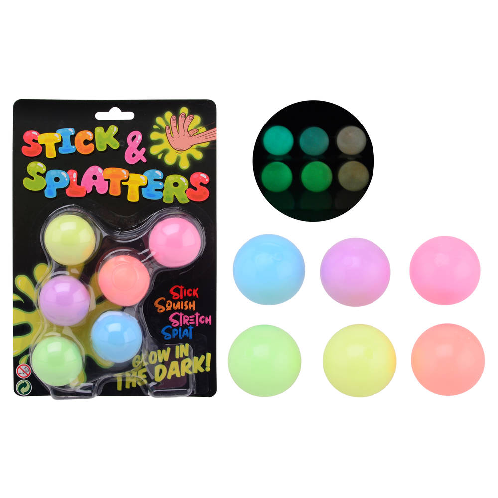 Sticky stretch glow in the dark ballen - 6 stuks