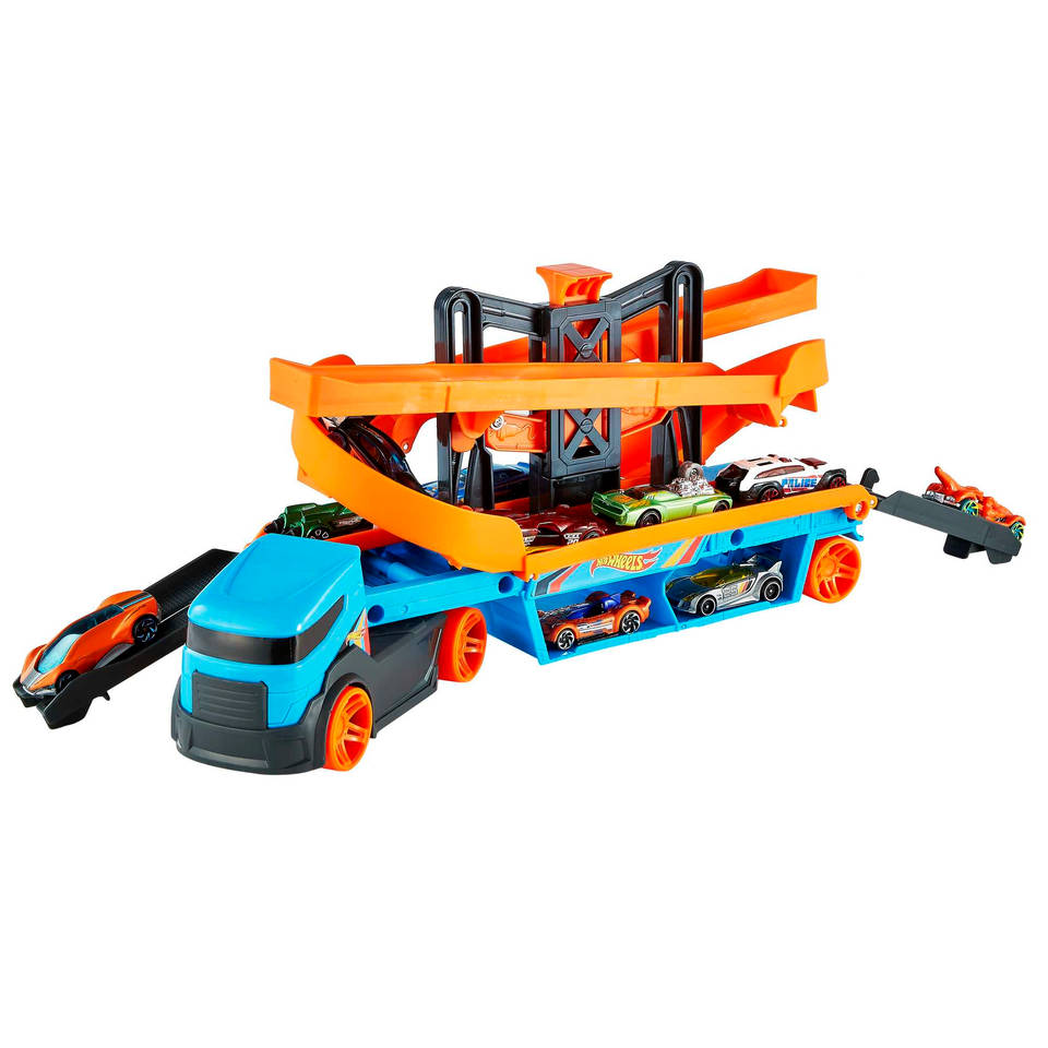 Hot Wheels Lift & Lanceer Trailer + 10 auto's